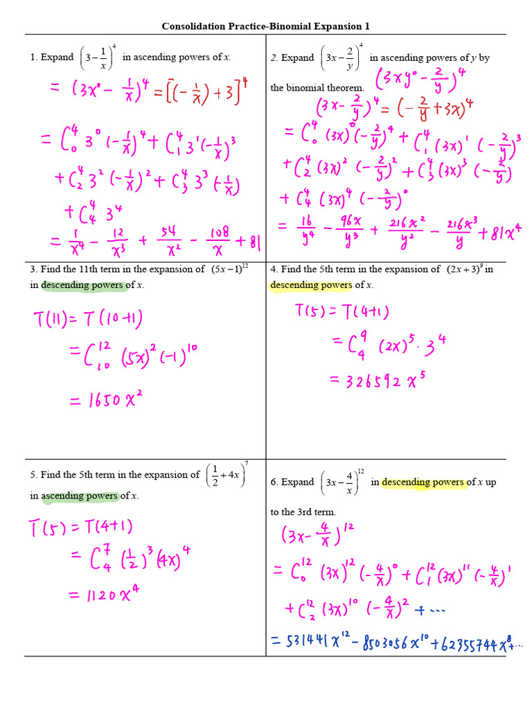 Consolidation Practice-Binomial Expansion 1 Answer | PDF