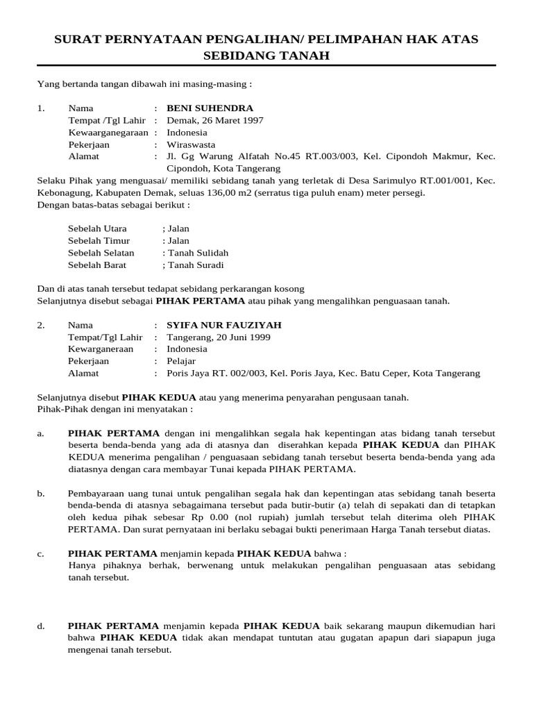 Surat Pernyataan Pengalihan Hak Tanah | PDF