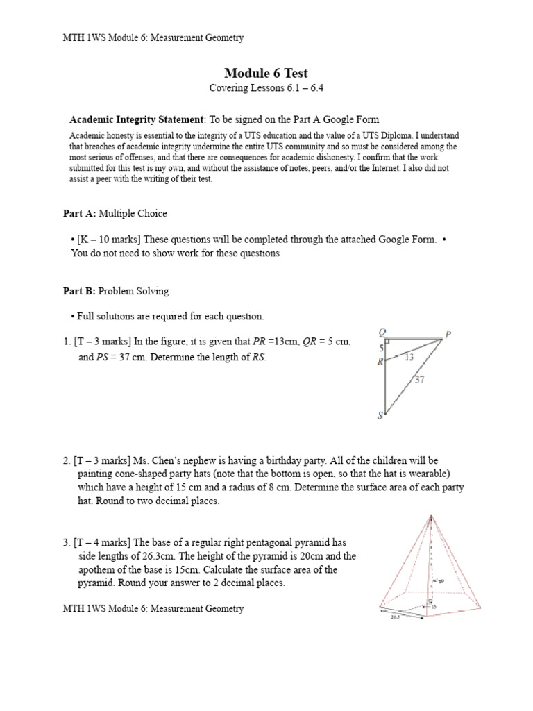 MTH 1WS Module 6 Geometry Test | PDF | Area | Mathematics