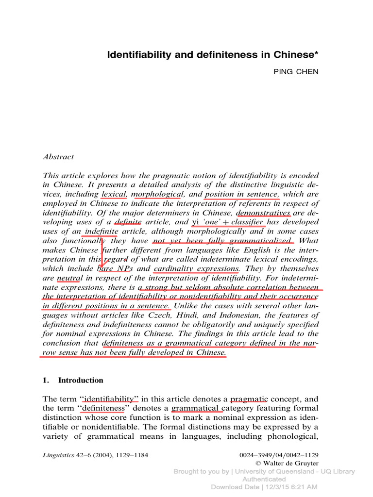 Identifiability and Definiteness in Chinese | PDF | Linguistic ...