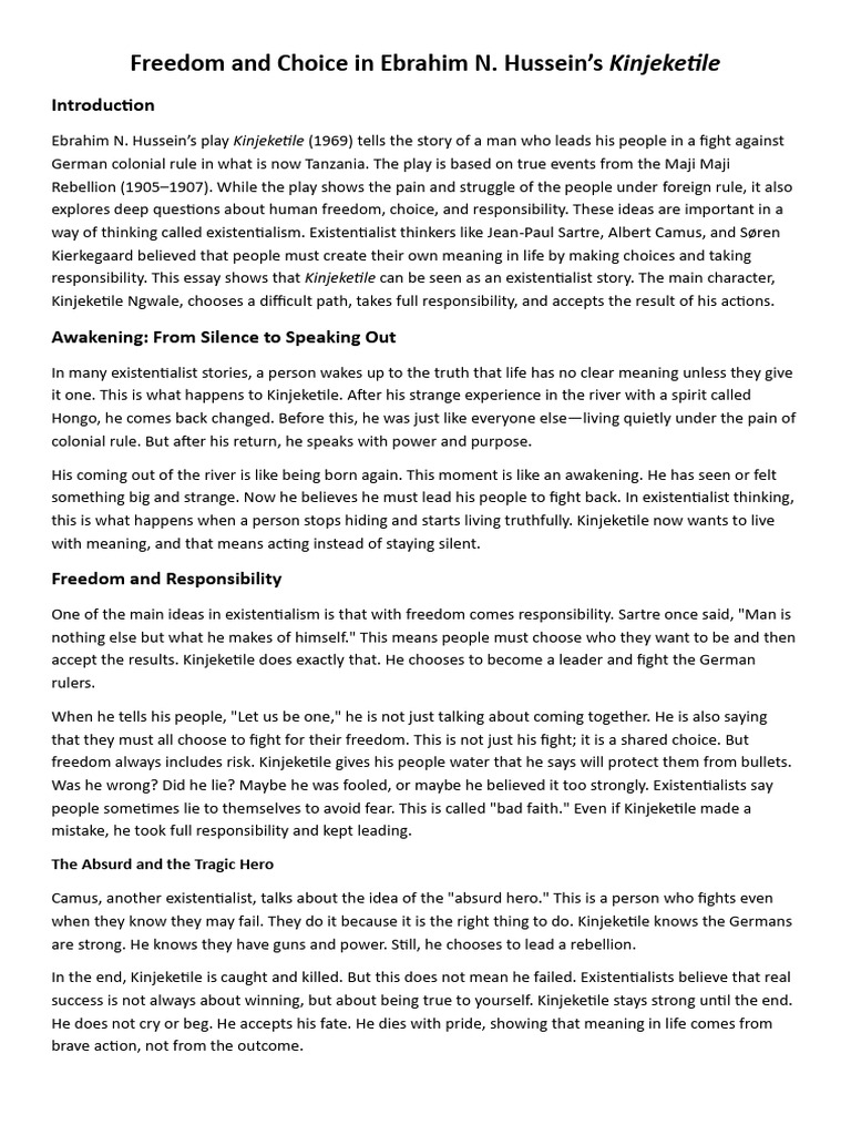 Freedom and Choice in Ebrahim N. Hussein's Kinjeketile - 083052 | PDF ...