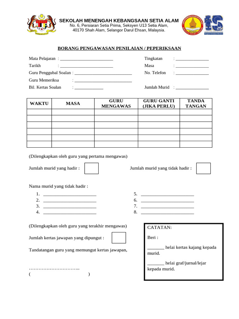 Format Borang Pengawasan Peperiksaan | PDF