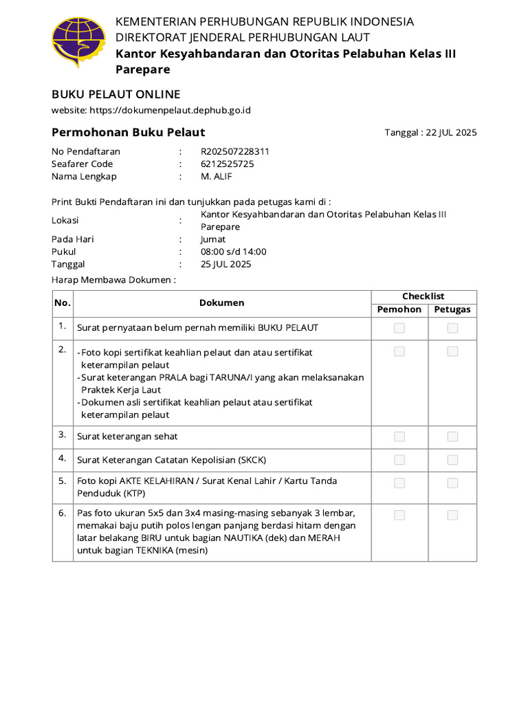 Preview Surat Permohonan - Buku Pelaut | PDF