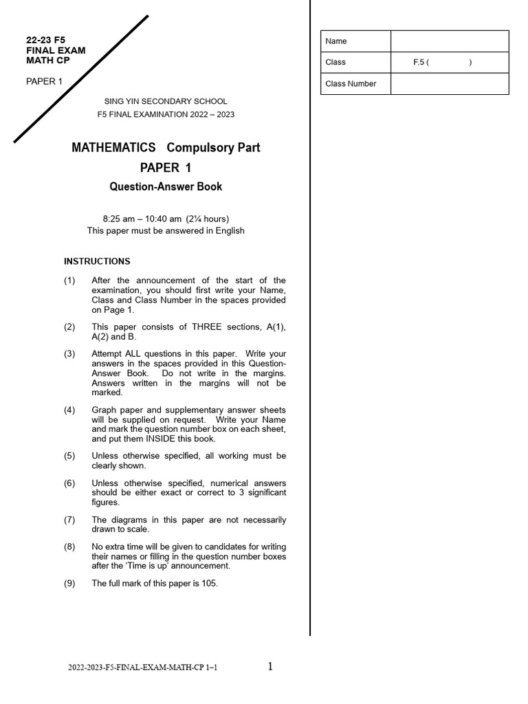 Root Sy-Pastpaper Bin Files 2022 F5 MATHS EXAM2 PAPER1 QA BOOK | PDF | Mathematics