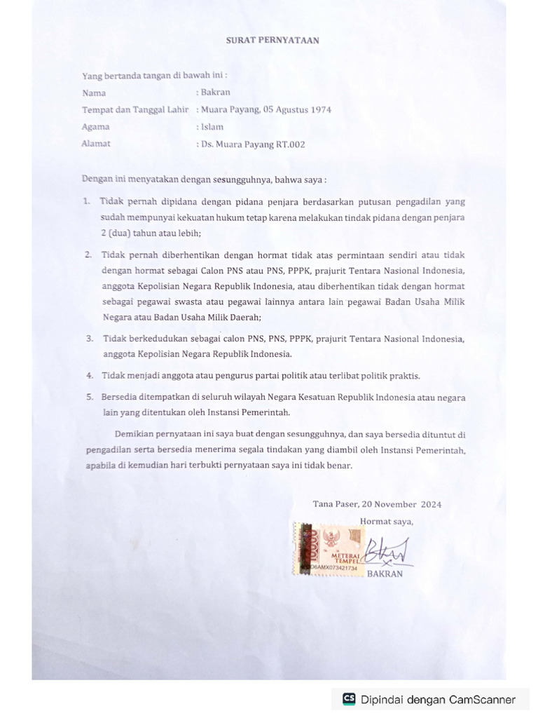 Surat Pernyataan Bakran | PDF