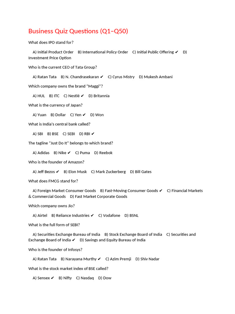 Business Quiz Questions | PDF