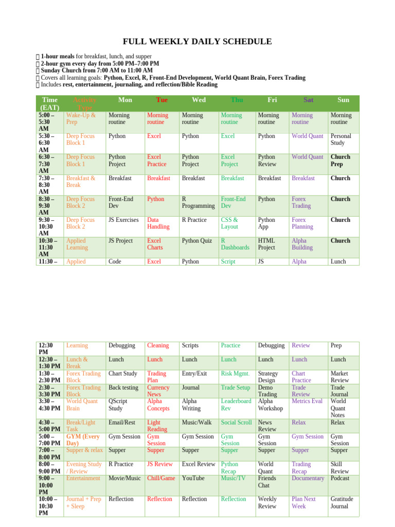 Full Weekly Daily Schedule | PDF | Cuisine | Foods