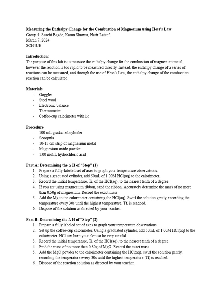 Calorimetry and Hess's Law - Chemistry Lab | PDF | Magnesium | Chemical ...