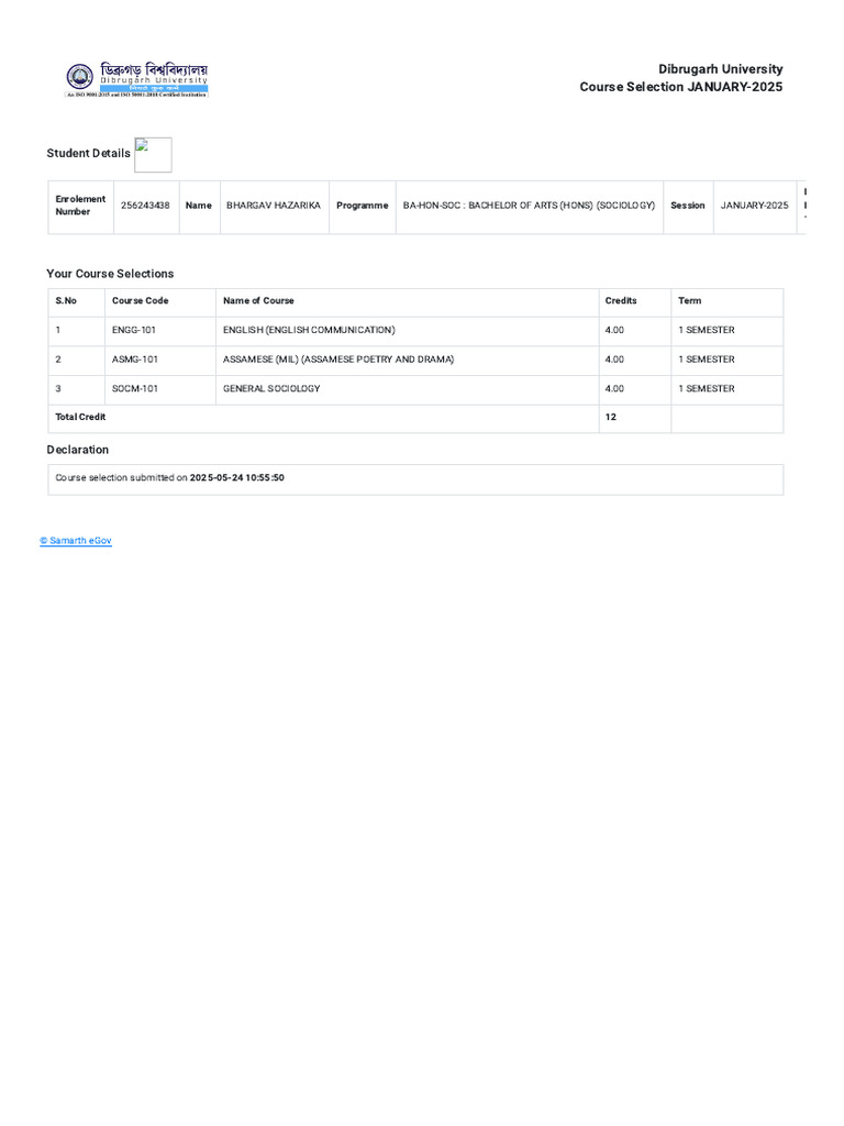 Dibrugarh University Course Selection 2025 | PDF