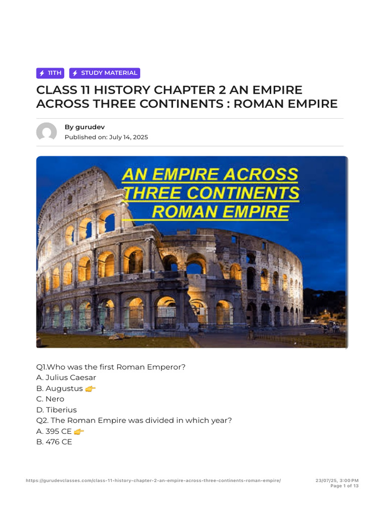 MCQs on Roman Empire for Class 11 | PDF | Roman Empire | Ancient Rome