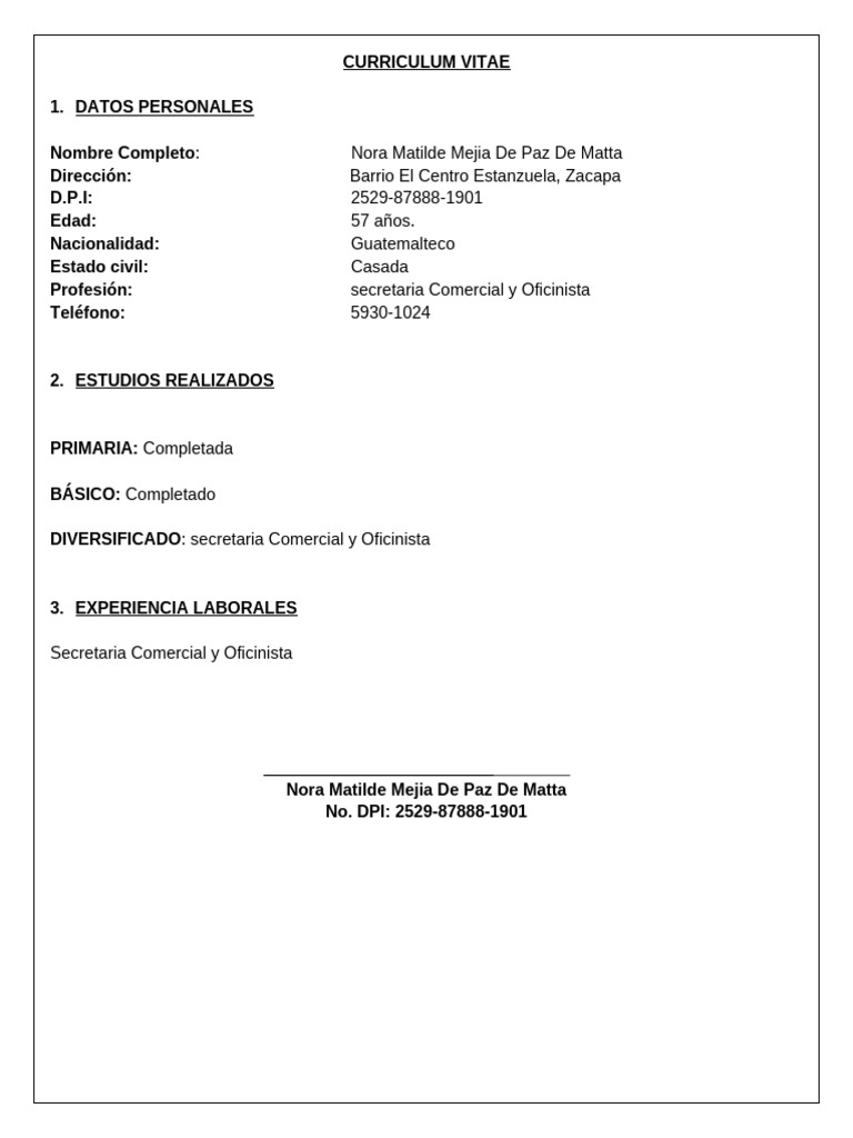 Nora Matilde Mejia de Paz de Matta CV | PDF