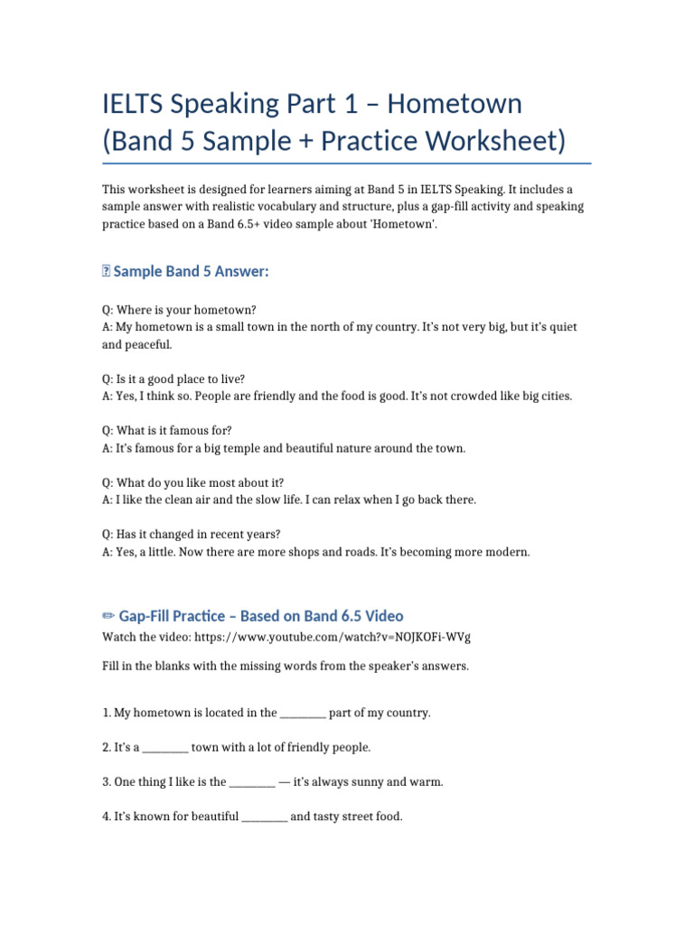IELTS Speaking Hometown Band5 Worksheet | PDF