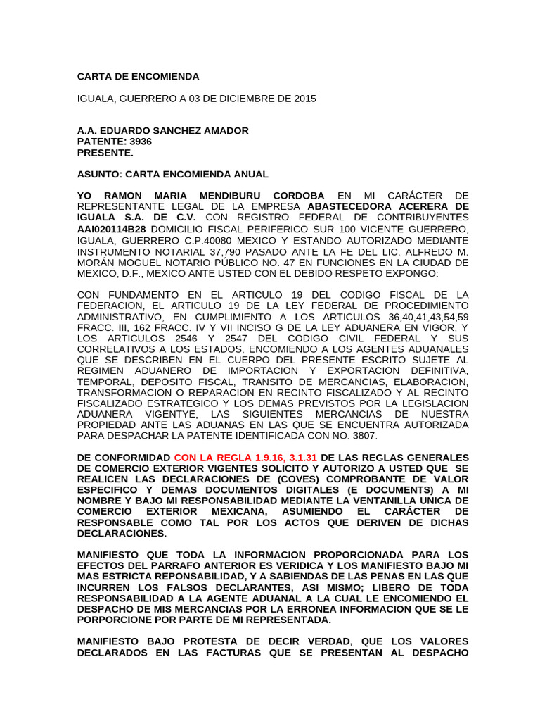 Carta de Encomienda Aduanera 2015 | PDF | aduana | Business