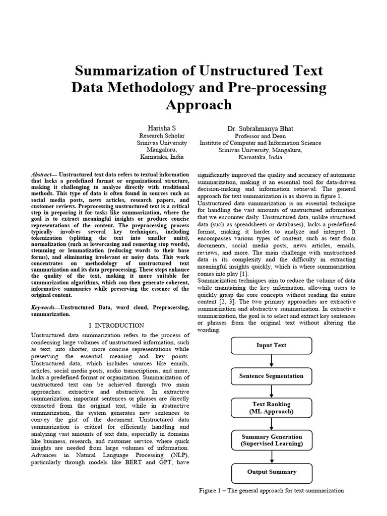 Summarization of Unstructured Text Data Methodology and Pre Processing Approach IJERTV14IS010028 ...