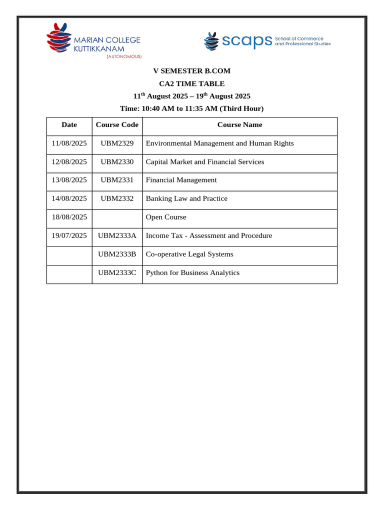 B Com Semester V Ca2 Time Table | PDF