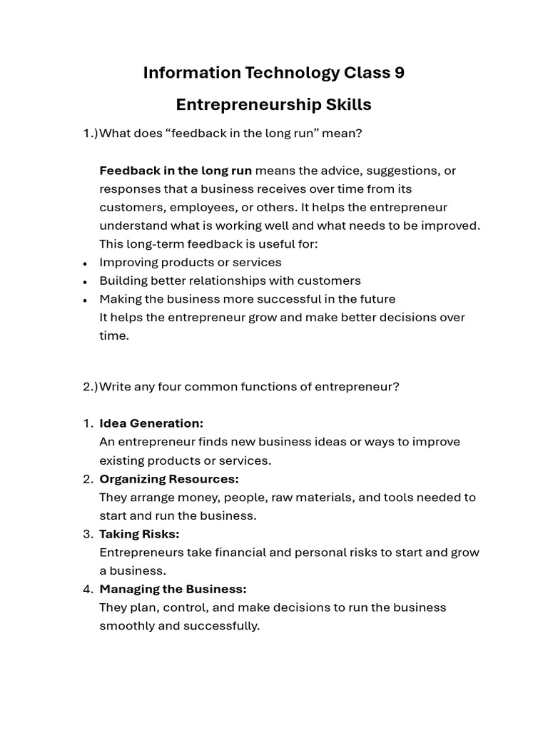Entrepreneurship Skills Class 9th | PDF | Entrepreneurship | Employment