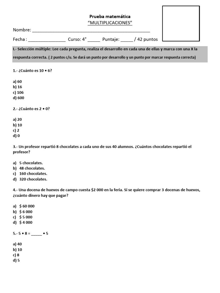 Prueba de Multiplicaciones para 4° Básico | PDF