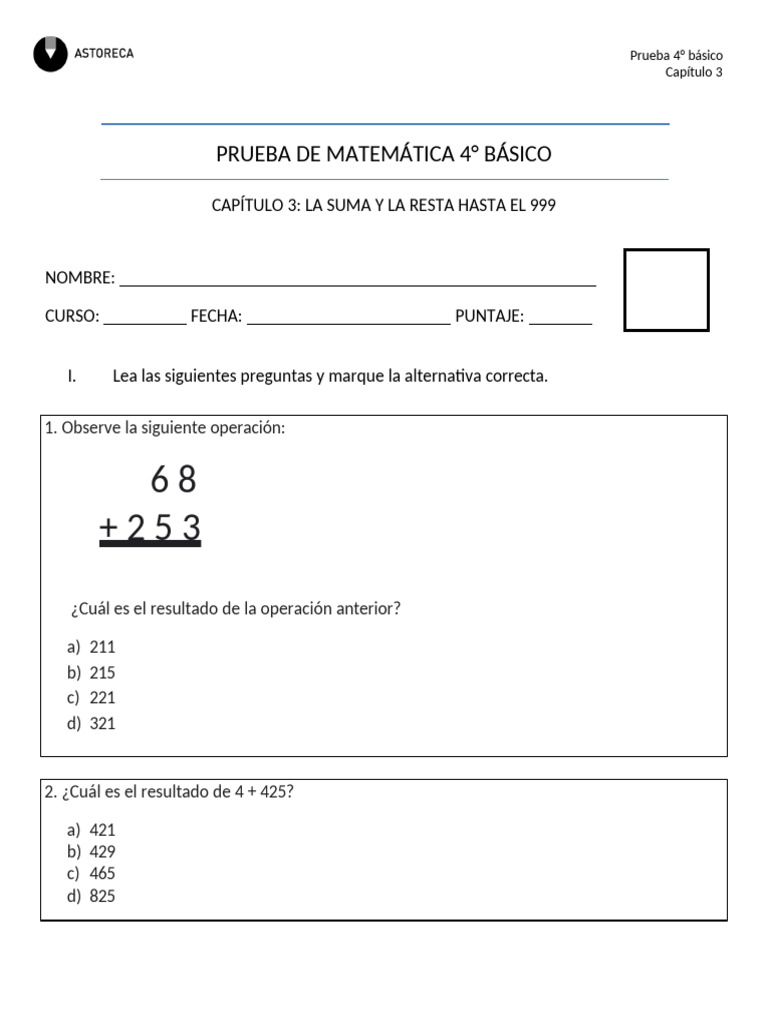Prueba 4º CAP 3 La Suma y La Resta Hasta El 999 | PDF