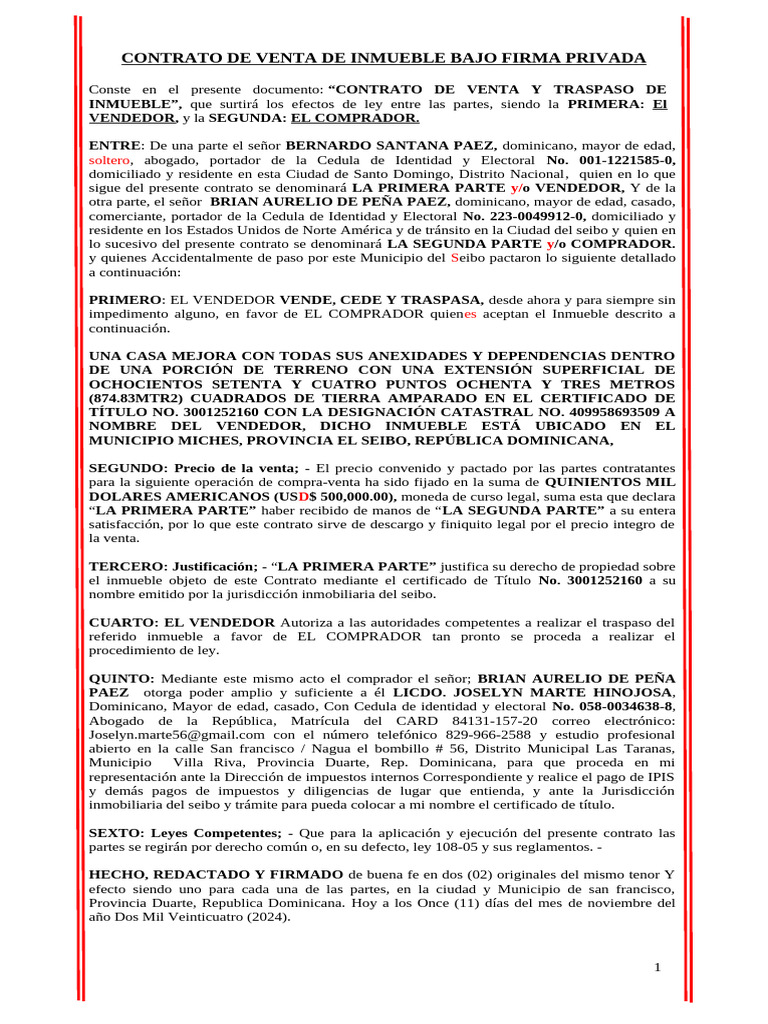 A - CONTRATO DE VENTA DEFINITIVO DE INMUEBLE SANTANA PAEZ Y BRIAN DE ...
