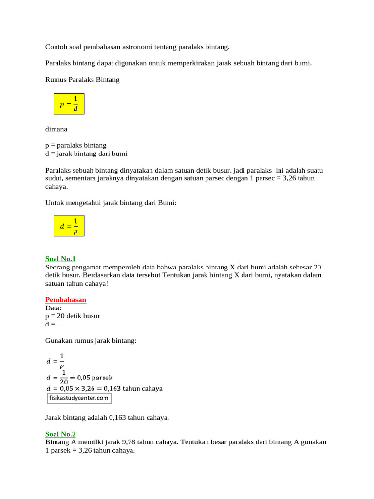 Soal dan Pembahasan Paralaks Bintang | PDF