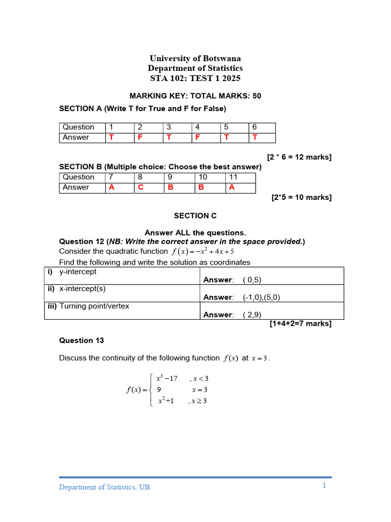 STA 102 TEST 1 2025 Marking Key | PDF