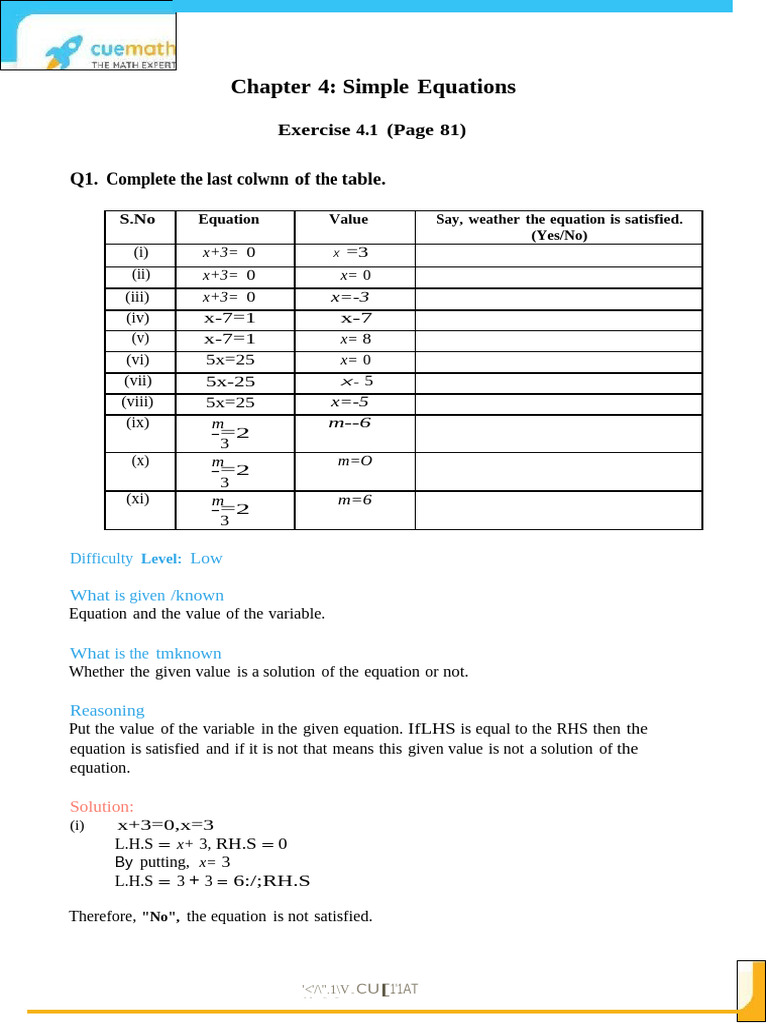 Ncert Solutions Class 7 Math Chapter 4 Simple Equations | PDF ...