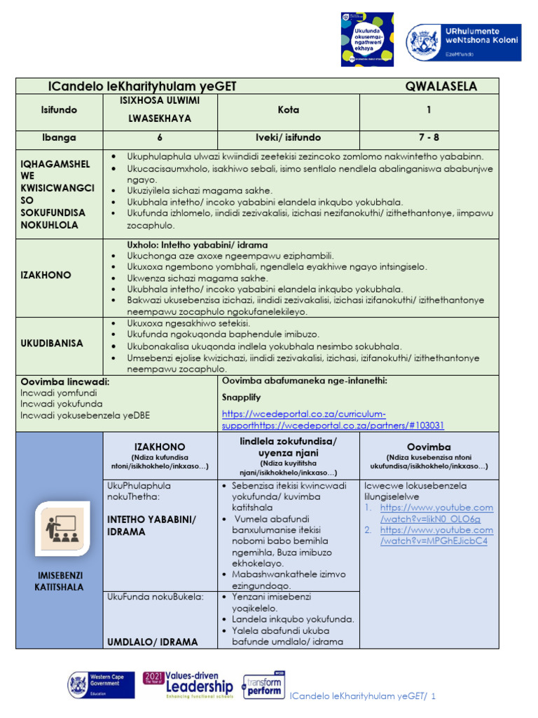 Lesson Plan Gr6 IsiXhosa HL T1 W7-8 | PDF
