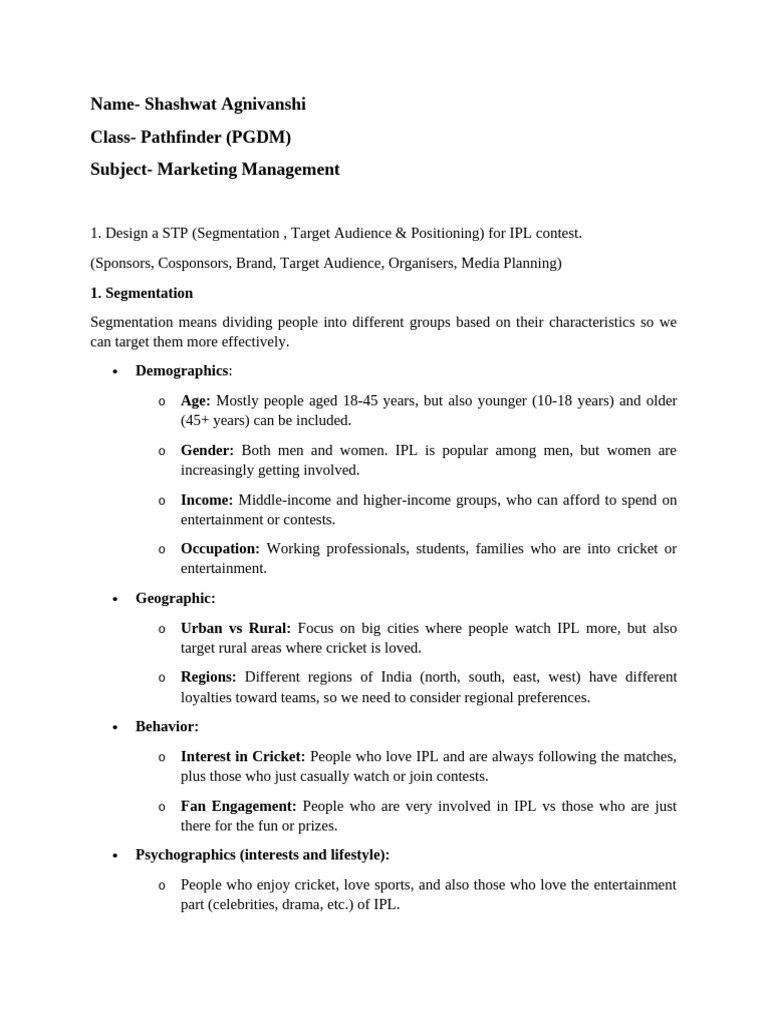 Shashwat Agnivanshi STP of IPL | PDF | Target Audience | Market ...