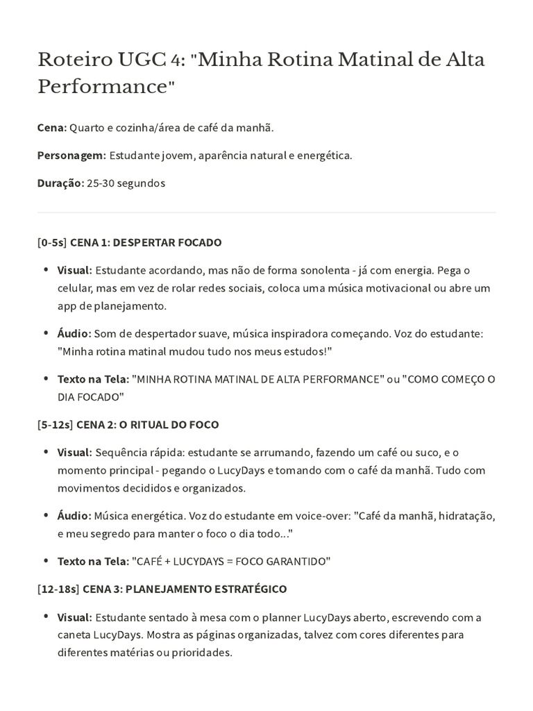 Roteiro UGC 4 Minha Rotina Matinal de Alta Performance | PDF