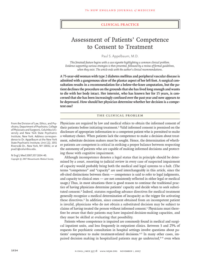 Appelbaum Criteria for Patient Capacity | PDF | Dementia | Medical ...