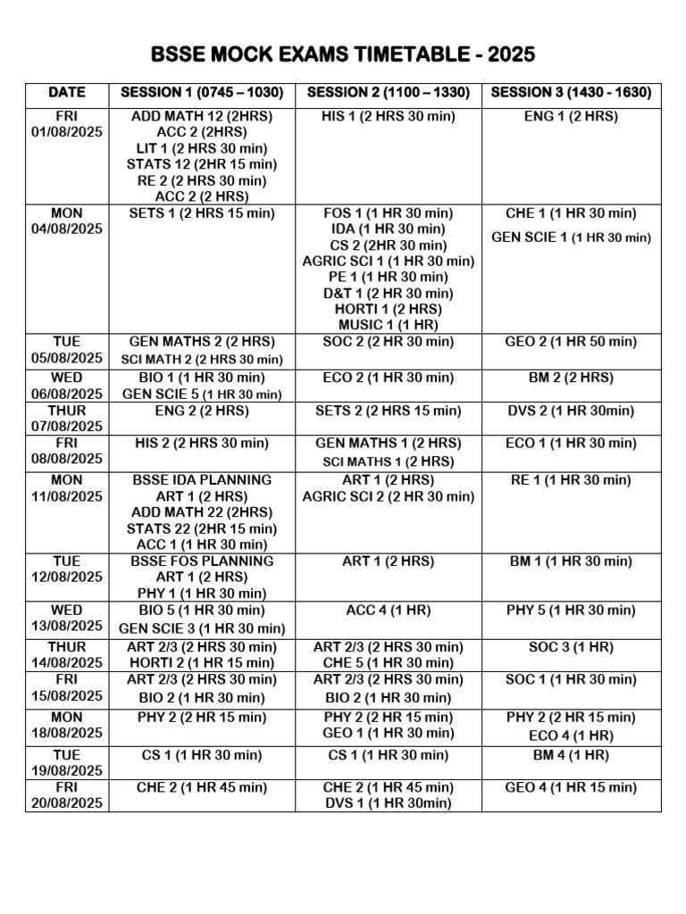 2025 Mock Exams Timetable - Form 5 Final-1 | PDF