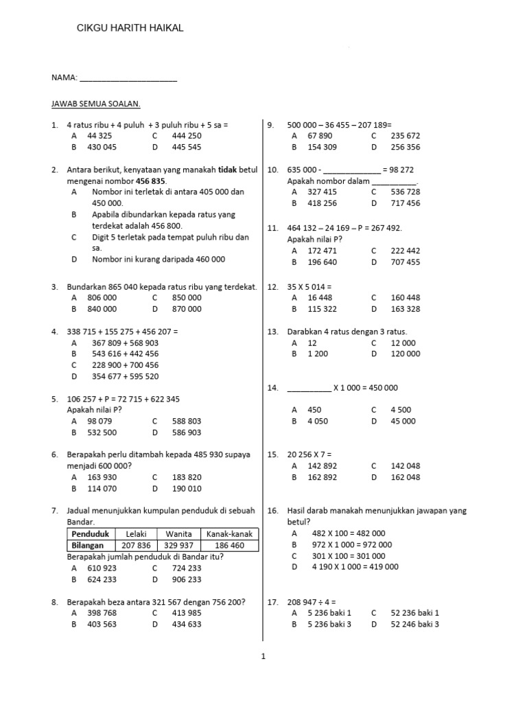 Latihan Tuition Cikgu Harith Minggu 4 (Mathsc - t5) | PDF