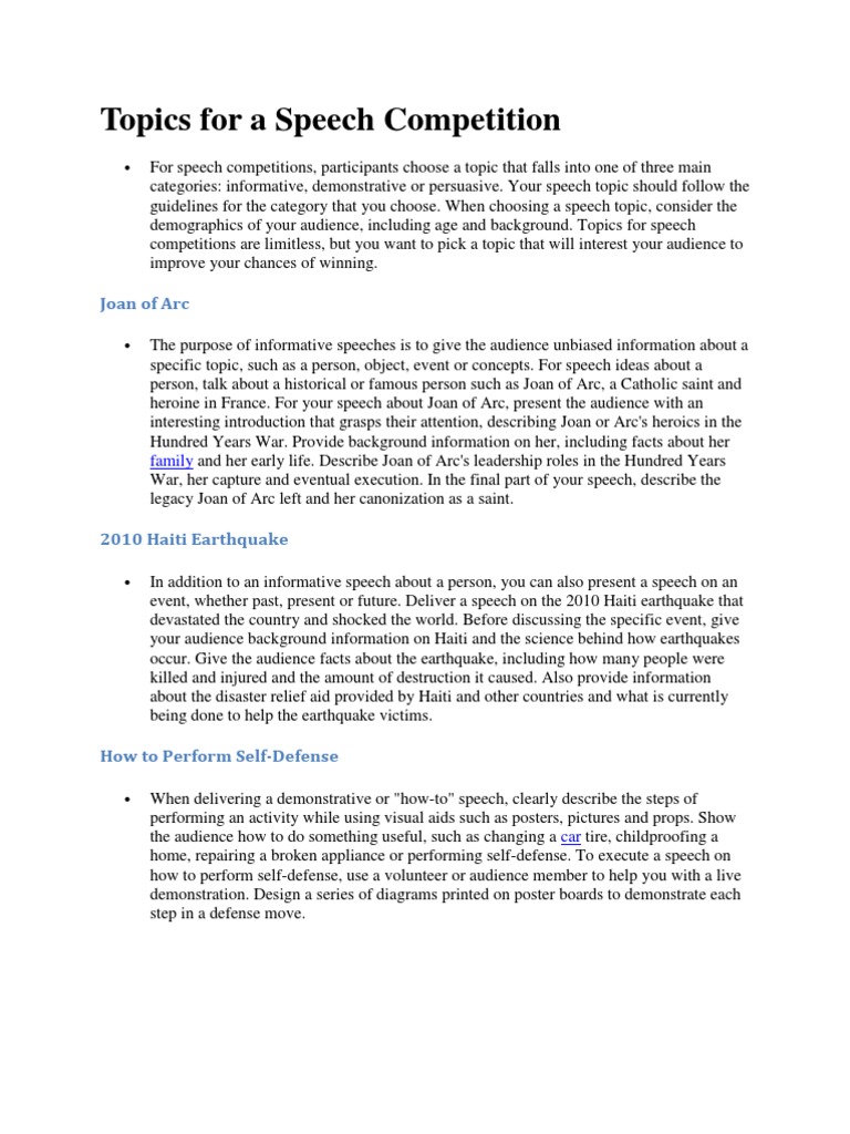 Speech Competition Topic Ideas | PDF | Public Speaking | Persuasion