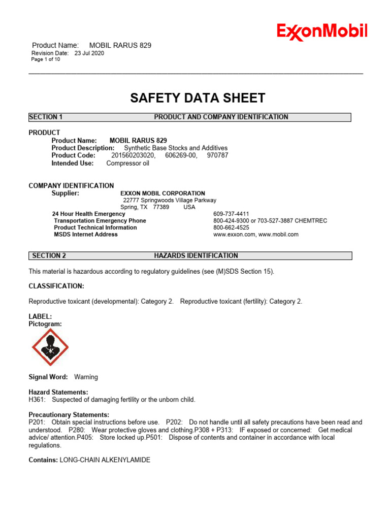 Safety Data Sheet: Product Name: MOBIL RARUS 829 | PDF | Toxicity | Waste