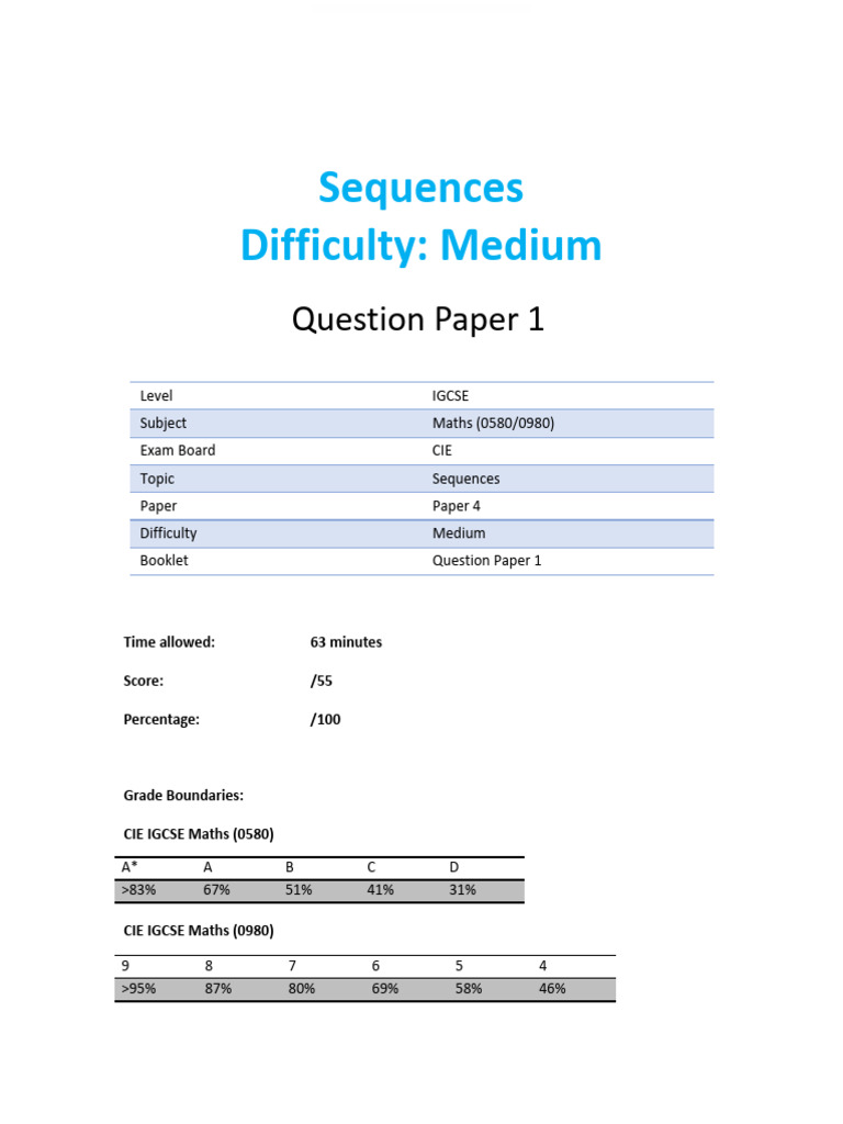 IGCSE Maths Sequences Question Paper | PDF | Mathematics | Elementary ...