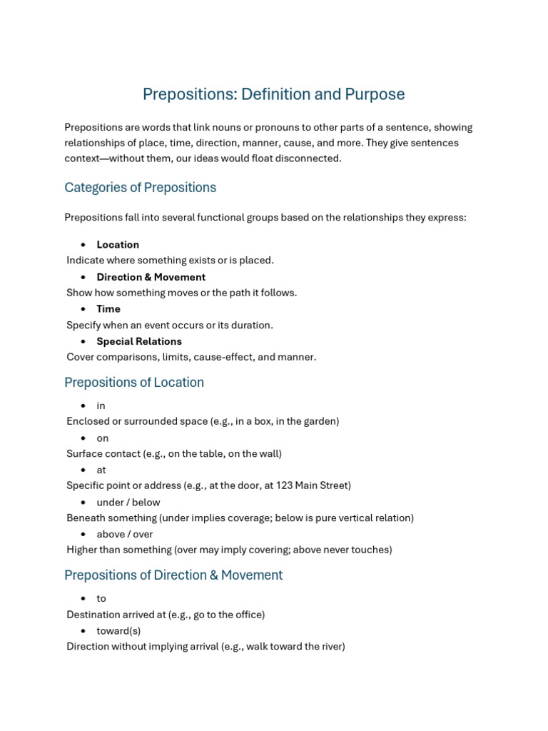 Prepositions Definition and Purpose | PDF | Syntactic Relationships | Syntax
