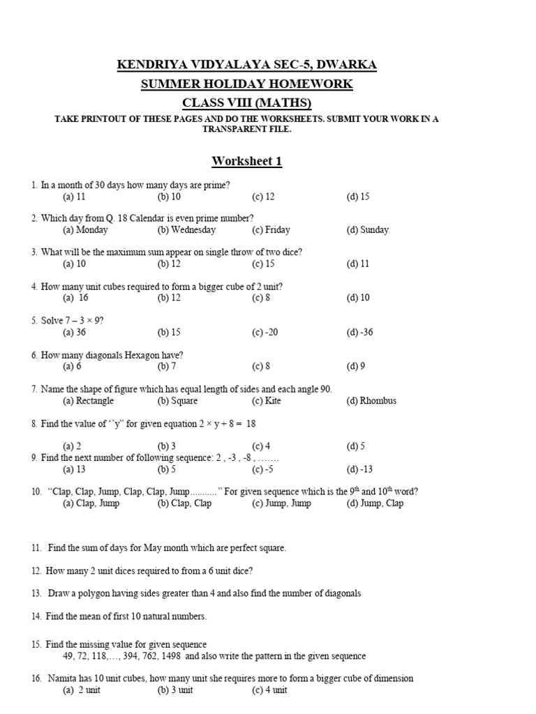 Summer HHW, Class 8, Maths | PDF | Area | Volume