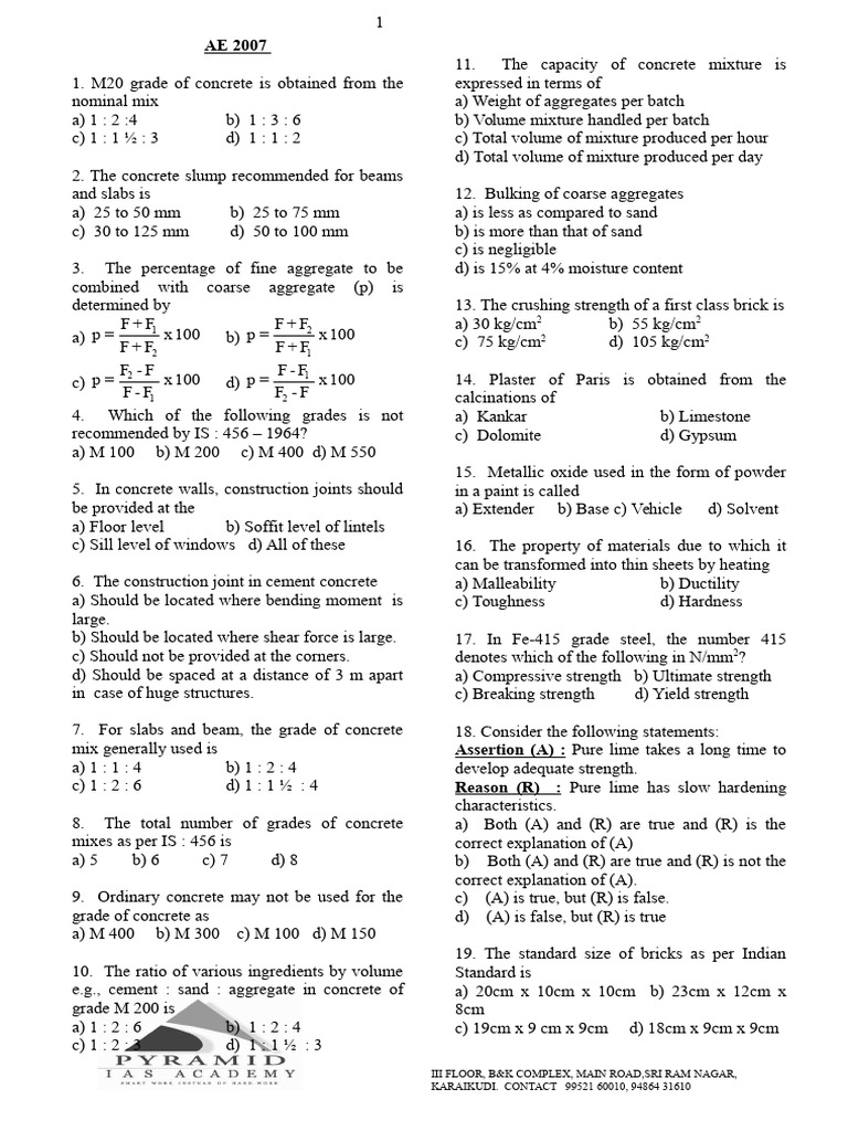 Pyramid 2007 - MCQ Civil | PDF | Concrete | Strength Of Materials