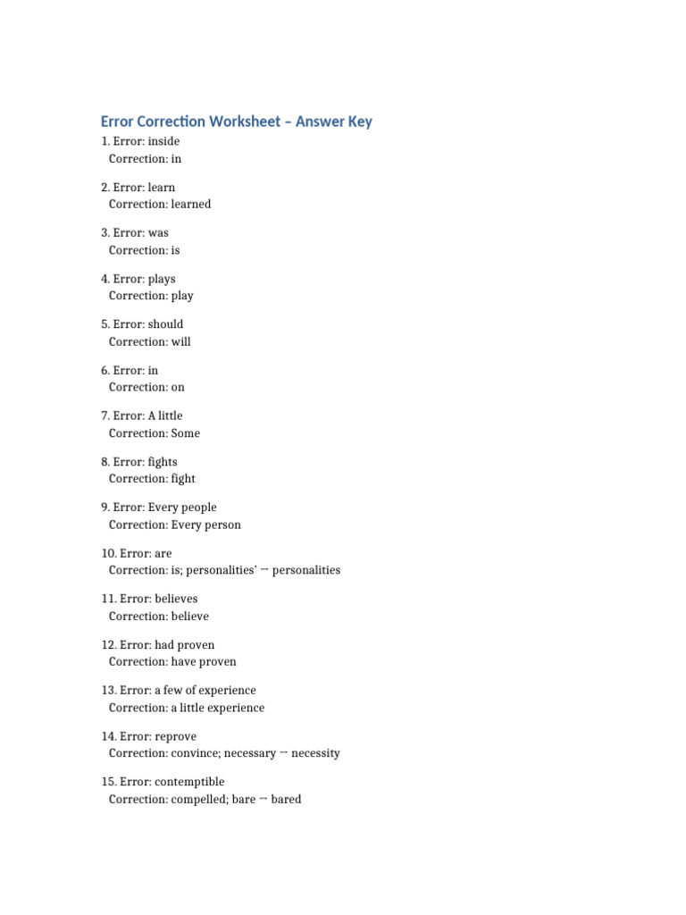 Error Correction Worksheet Answers | PDF | Chess | Chess Theory