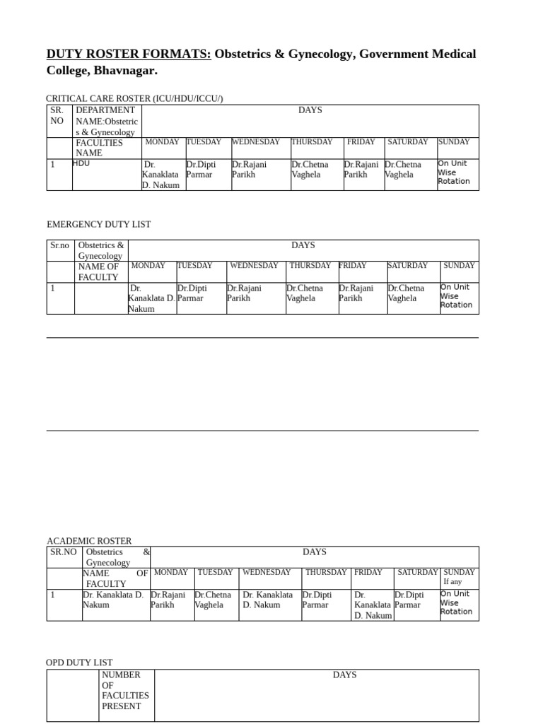 Obstetrics & Gynecology Duty Roster | PDF | Medicine | Health Care