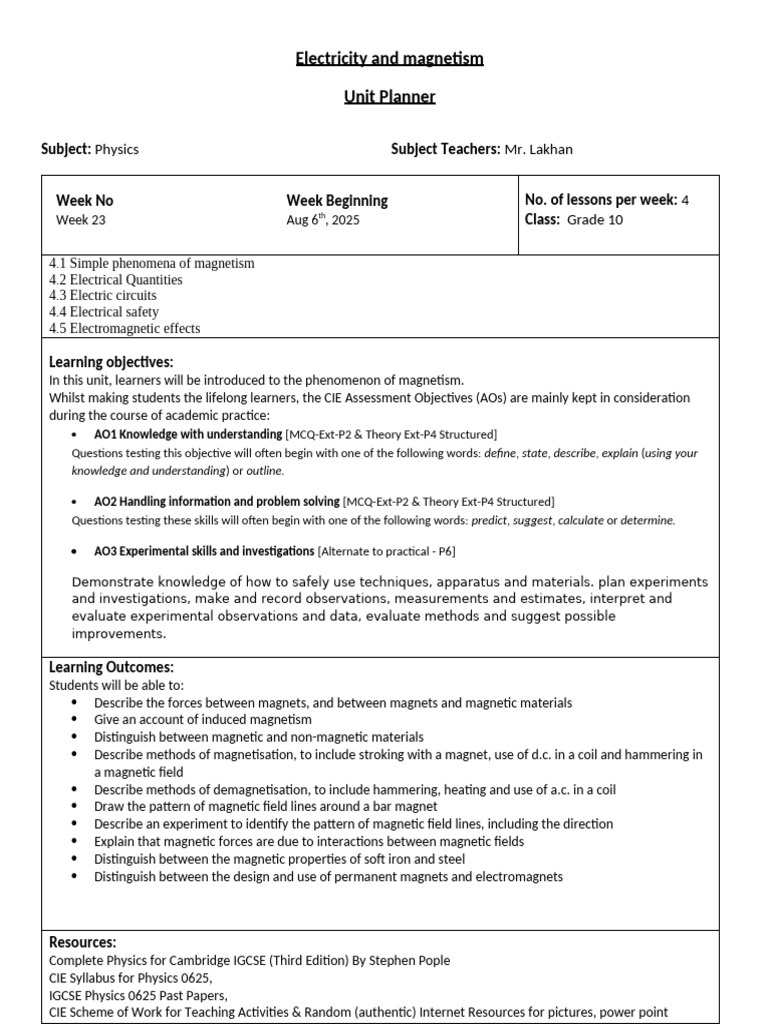 Unit Planner Electricity and Magnetism | PDF | Magnet | Magnetism
