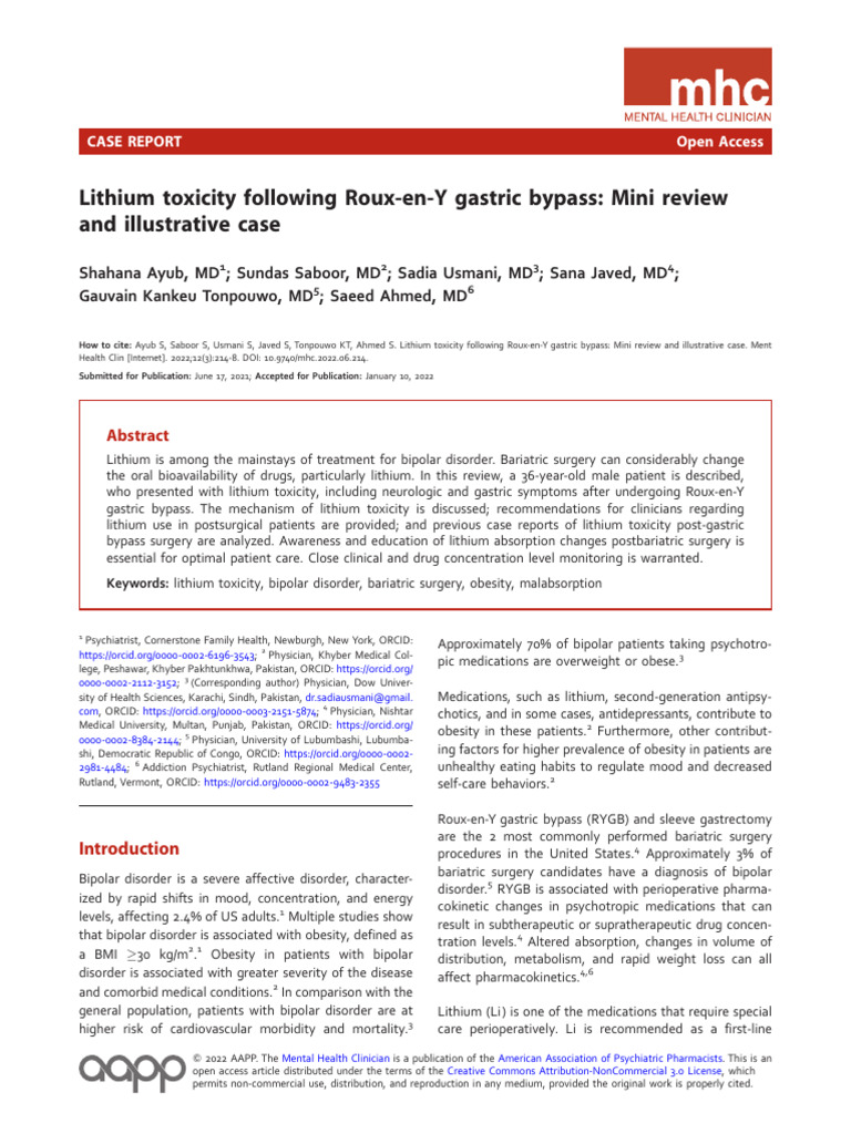 Lithium Toxicity Following Roux-En-Y Gastric Bypass Mini Review | PDF ...