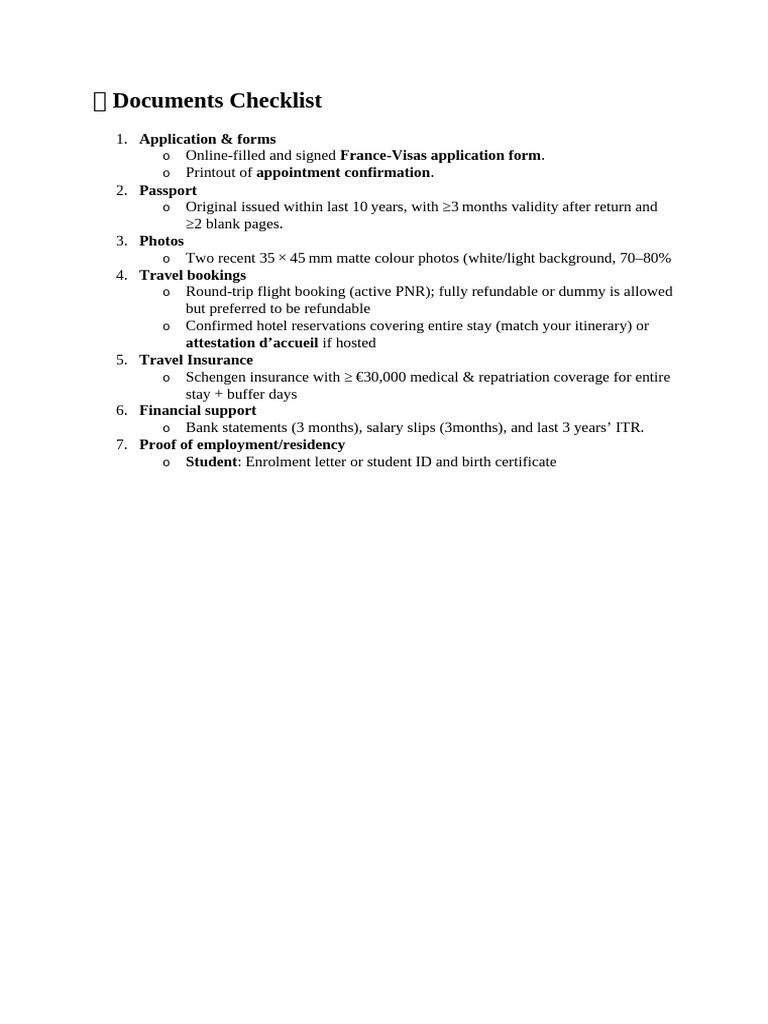 France Visa Application Checklist | PDF