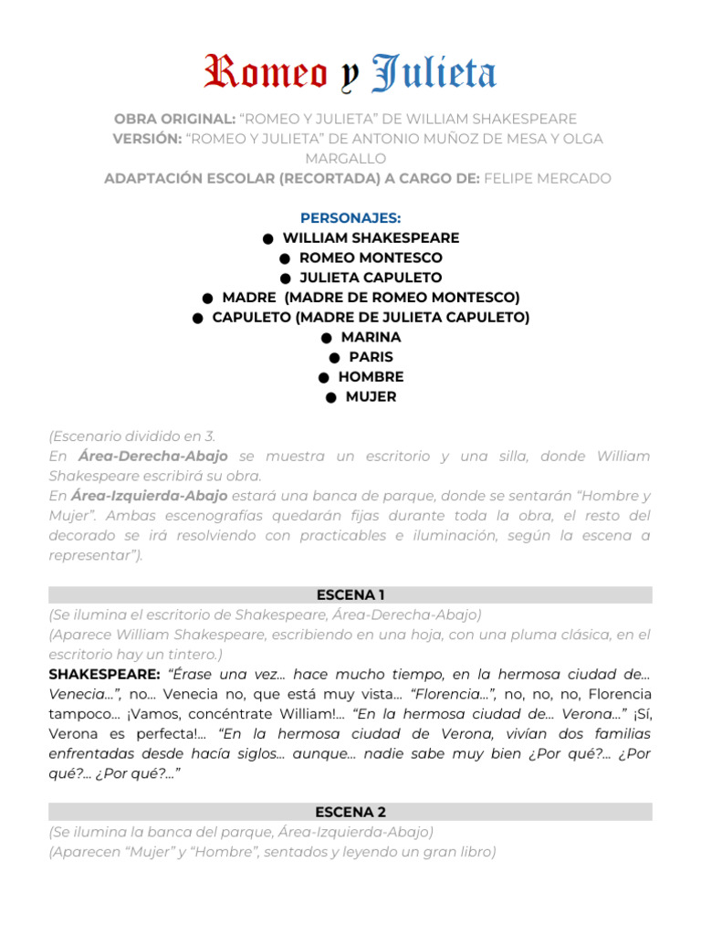 Adaptación Escolar de Romeo y Julieta | PDF | Romeo y Julieta | Julieta