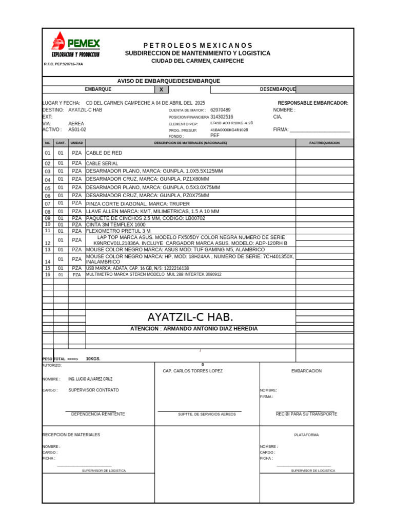 Aviso de Embarque de Materiales PEMEX | PDF