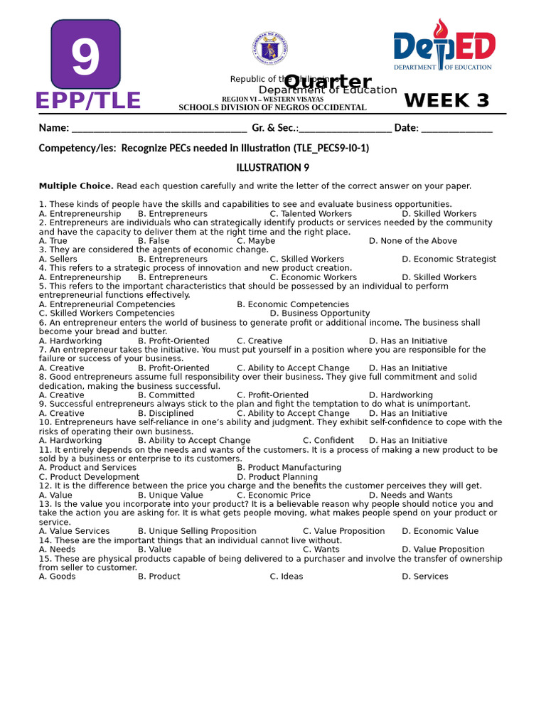 ELK TLE9 Q1 Illustration ELK-Week-3 | PDF | Entrepreneurship | Private Sector
