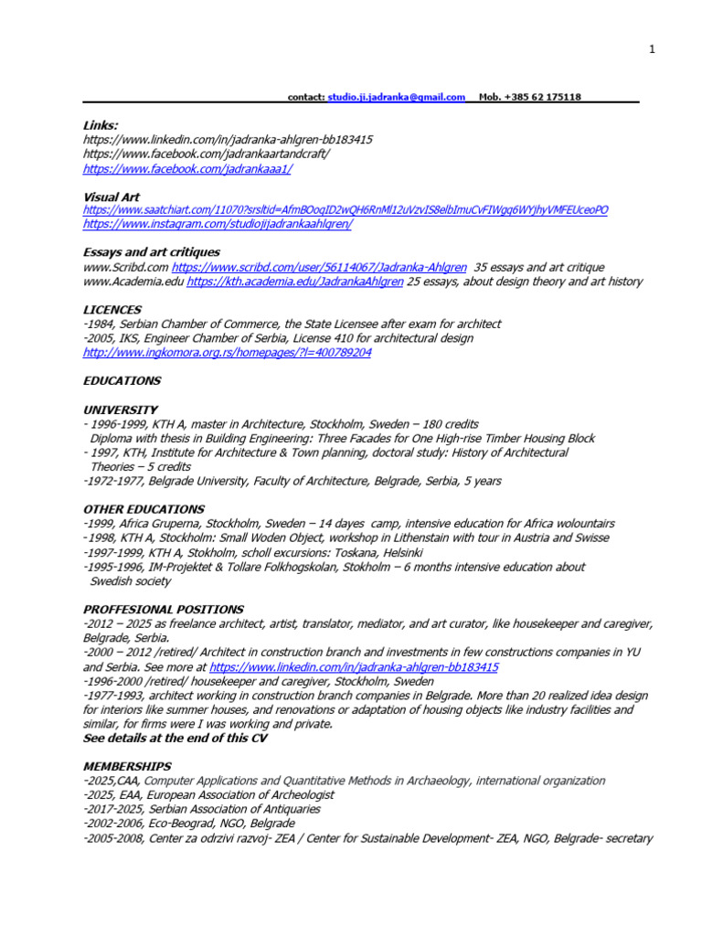 Jadranka Ahlgren: Architect & Curator CV | PDF | Serbia