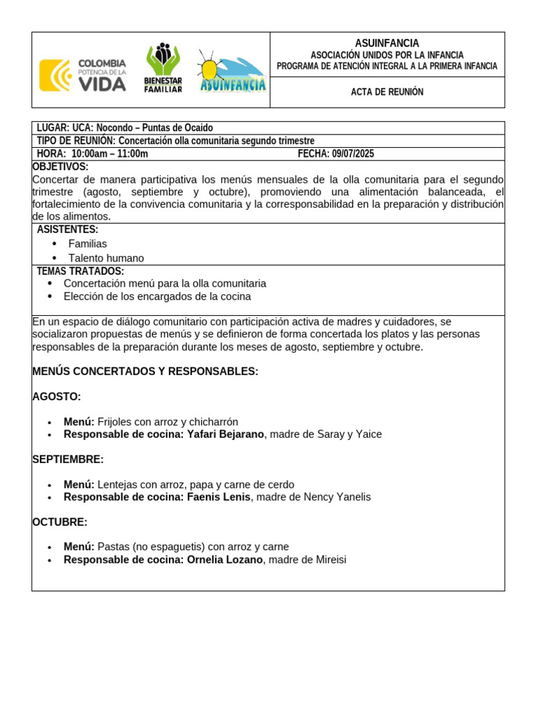 Olla Comunitaria: Menús y Responsables 2025 | PDF