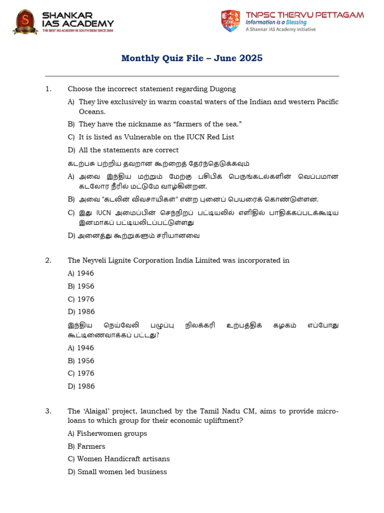 Monthly Quiz File - June 2025 | PDF