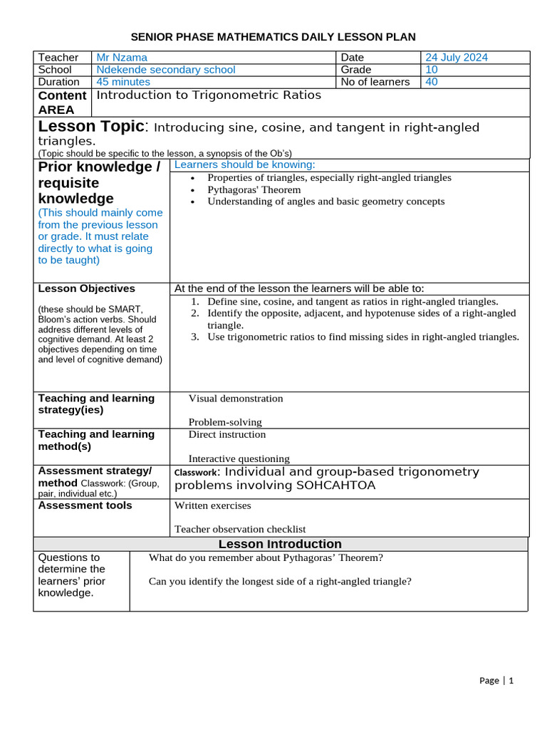 Lesson Plan Template | PDF | Trigonometry | Trigonometric Functions